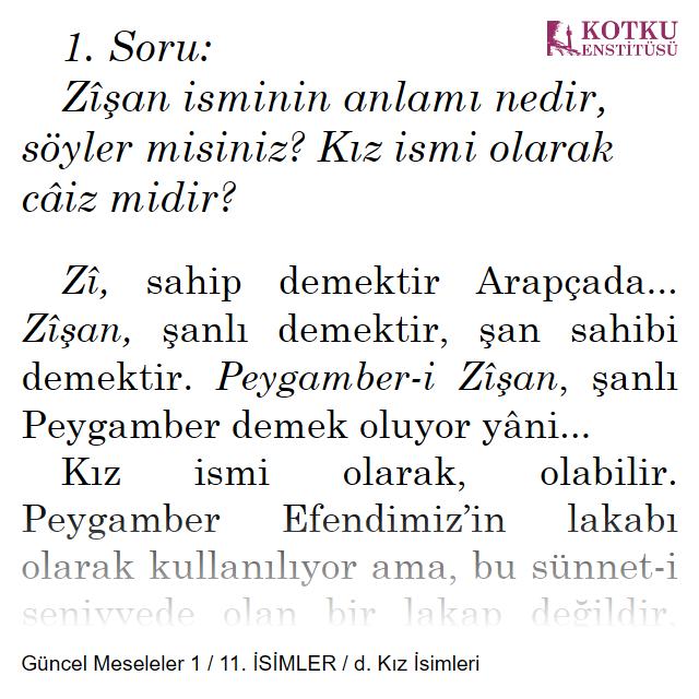 Zîşan isminin anlamı nedir, söyler misiniz? Kız ismi olarak câiz midir?